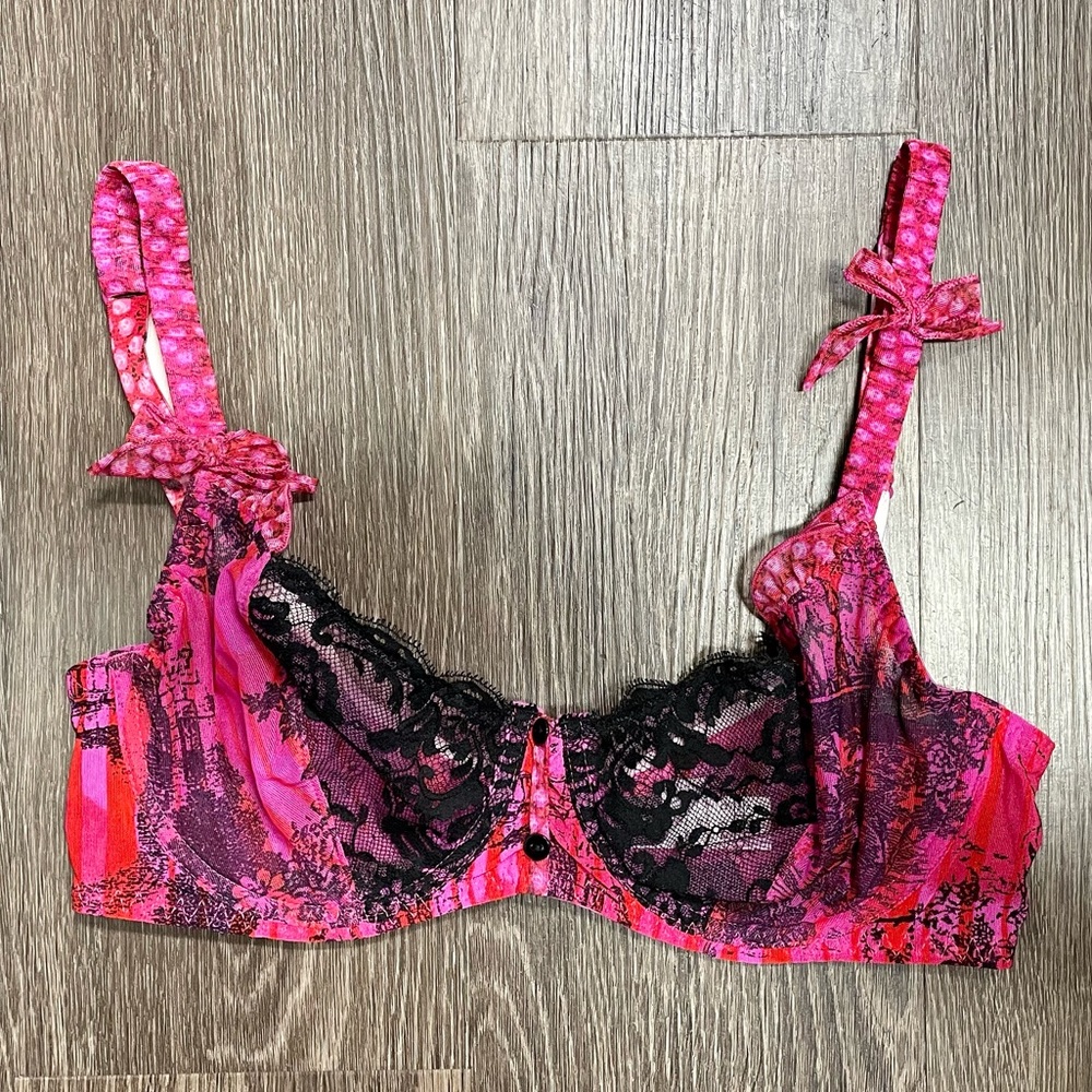 Aubade Hot Pink & Black Toile Mesh & Lace Unlined Bra… - Gem